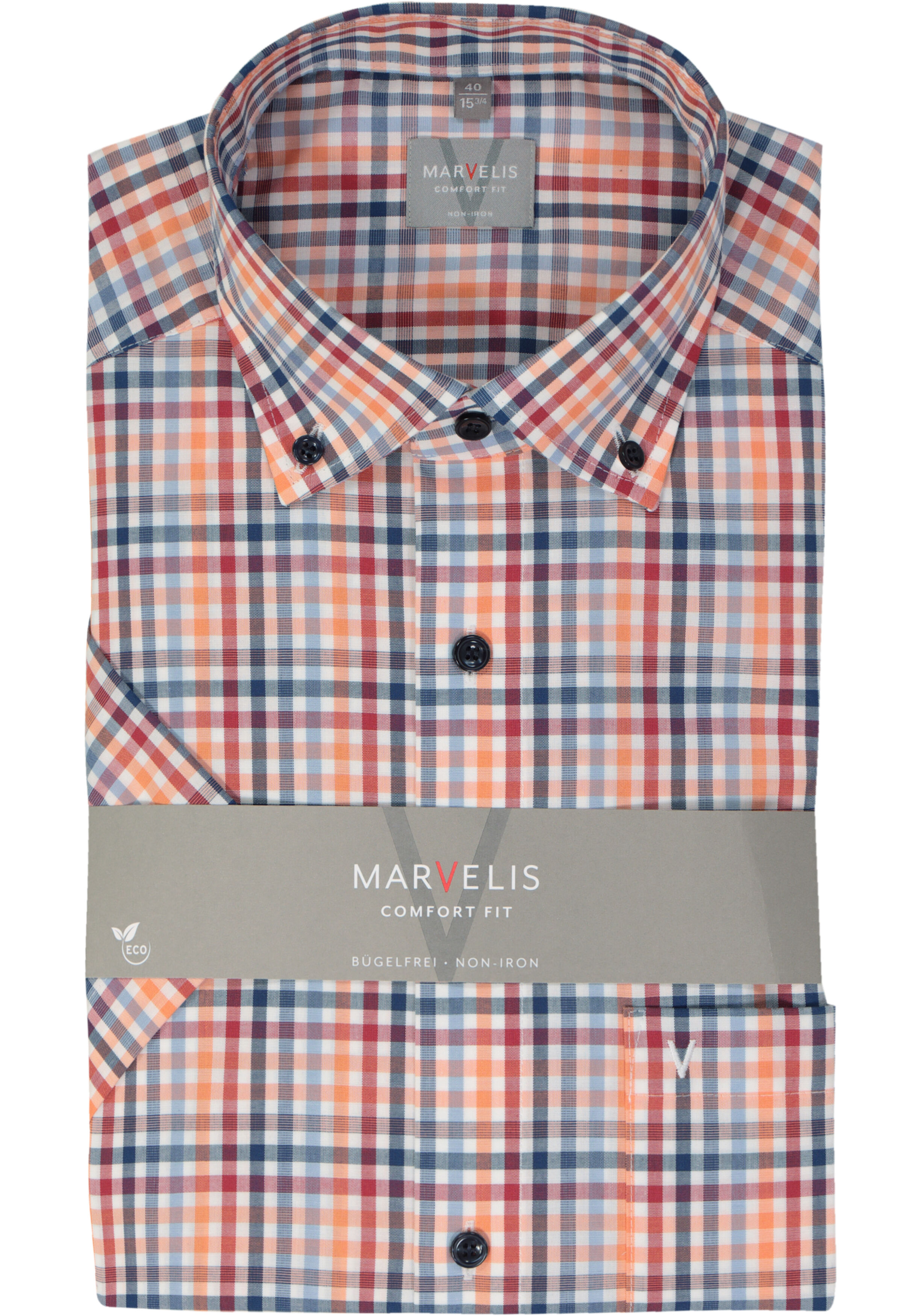 MARVELIS comfort fit overhemd, korte mouw, popeline, rood geruit